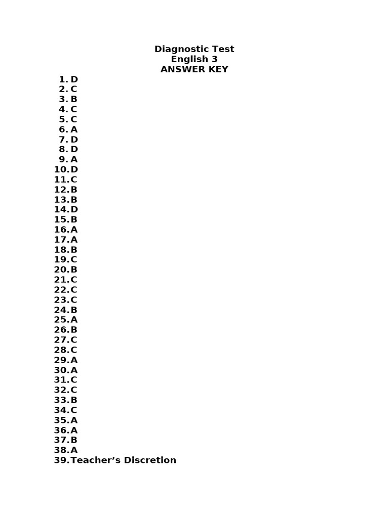 Eng3 Answer Key Diagnostic Test | PDF