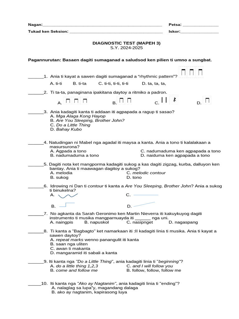 DIAGNOSTIC TEST - MAPEH 3 Iloko | PDF