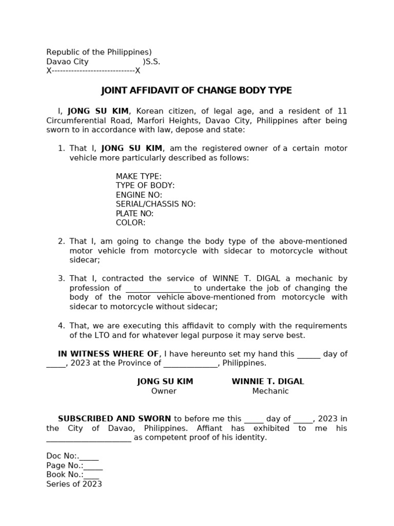 Affidavit of Change Body - LTO | PDF