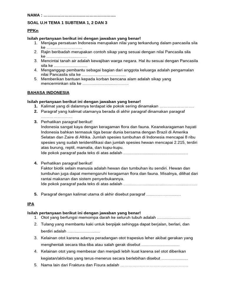 SOAL UH TEMA 1 | PDF
