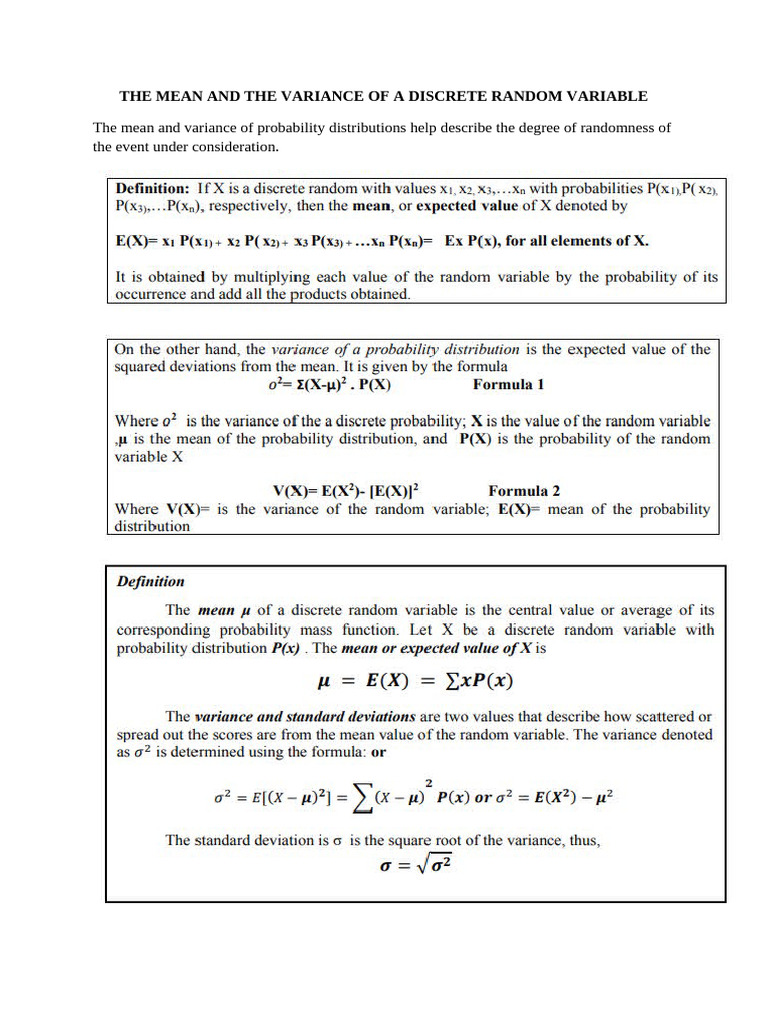 The Mean and The Variance of A Discrete Random Variable | PDF