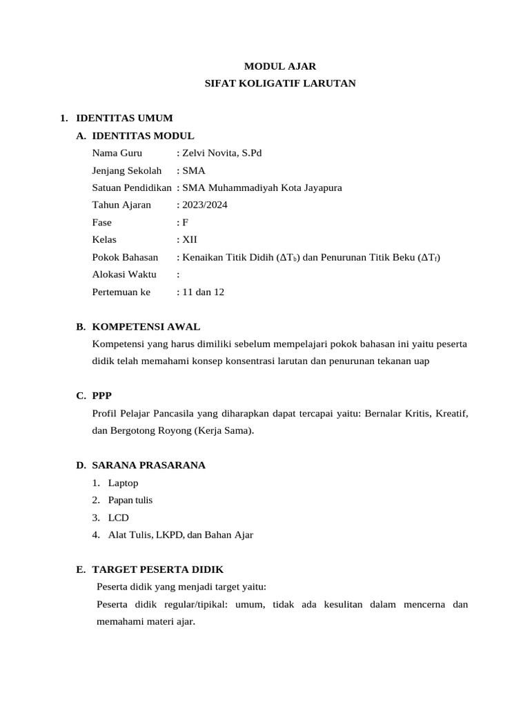 Modul Ajar - Titik Didih Dan Titik Beku | PDF