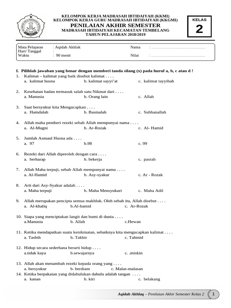 Soal Aqidah KLS 2 | PDF