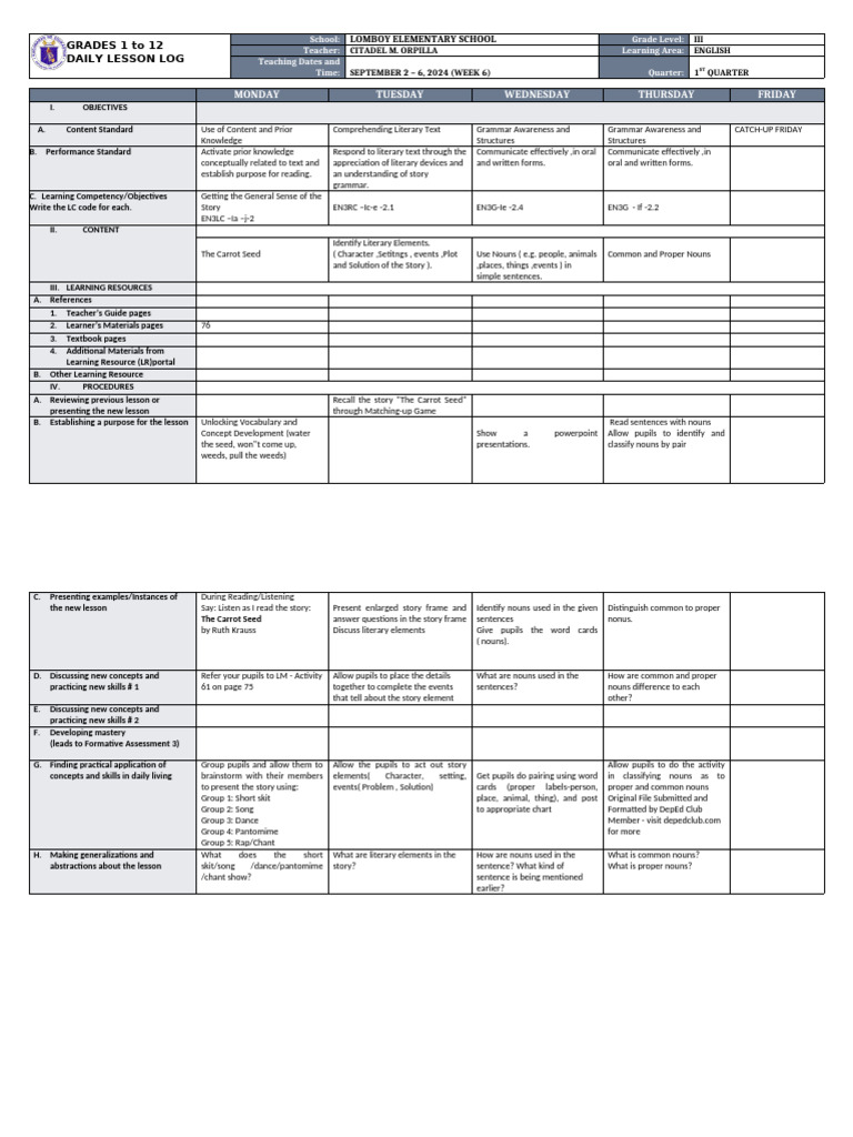 DLL - English 3 - Q1 - W6 | PDF