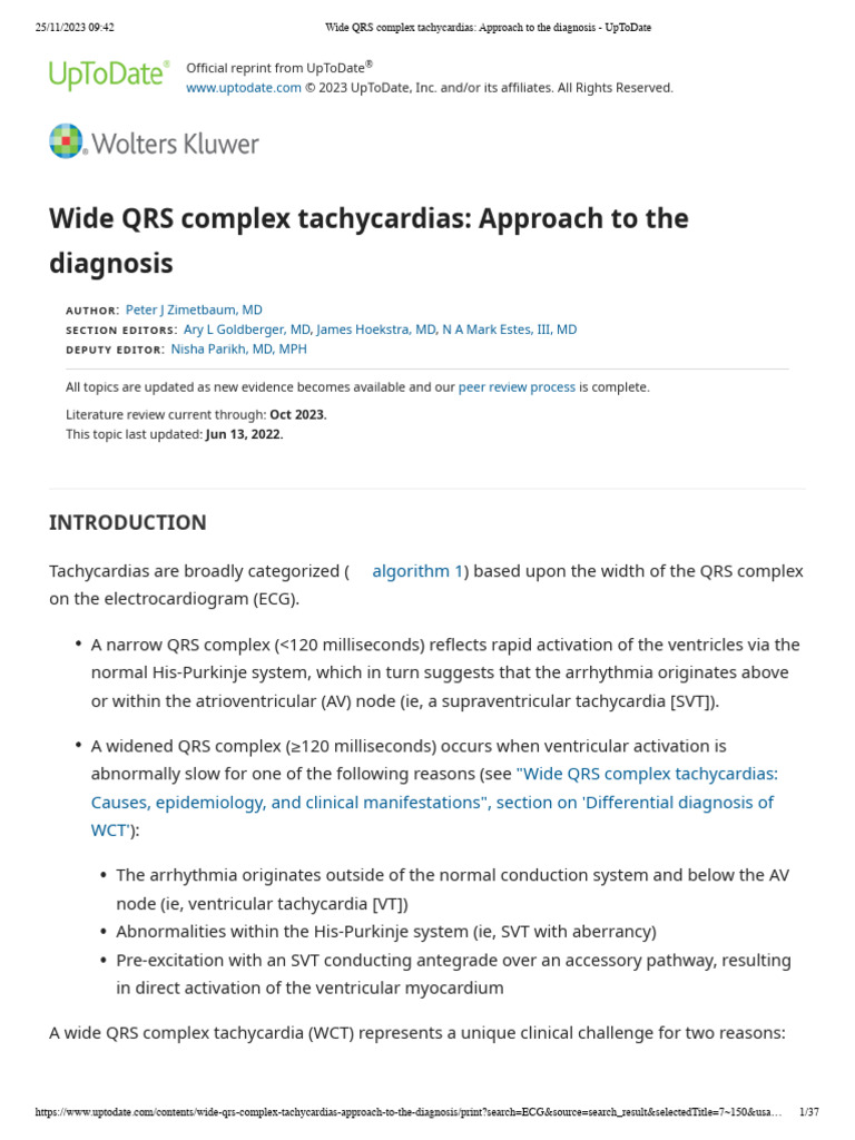 Wide QRS Complex Tachycardias - Approach To The Diagnosis - UpToDate | PDF
