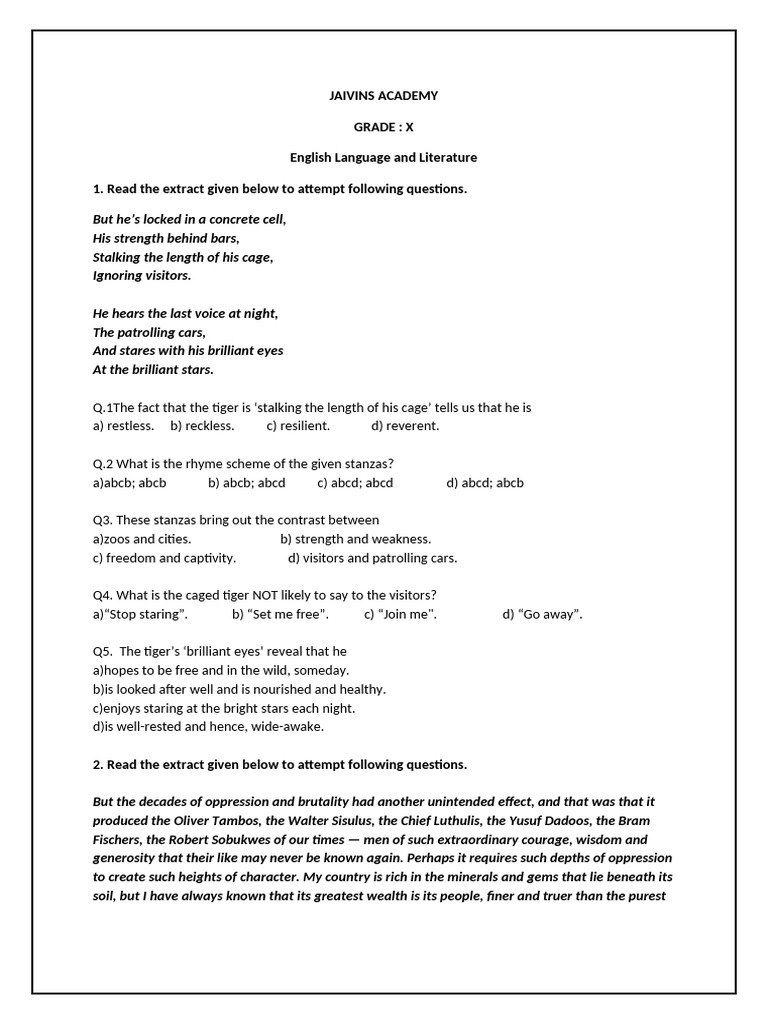 EXTRACT BASED QUESTION (A Tger in The Zoo and Nelson Mandela) | PDF