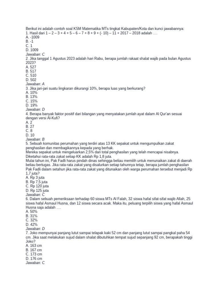 Berikut Ini Adalah Contoh Soal KSM Matematika MTs Tingkat Kabupaten | PDF