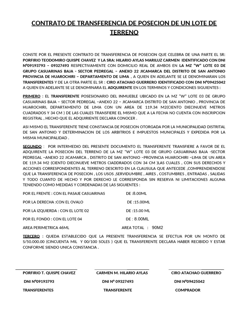 CONTRATO DE TRANSFERENCIA DE POSECION DE UN LOTE DE TERRENO3 | PDF