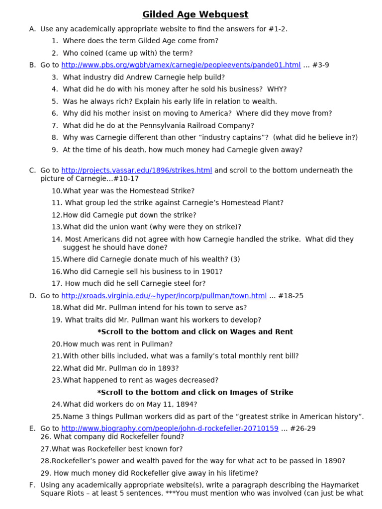Gilded Age Webquest | PDF | Labor Disputes | Politics