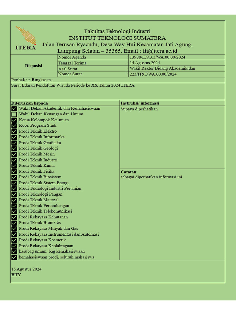 Surat Edaran Pendaftran Wisuda Periode Ke XX Tahun 2024 ITERA ...