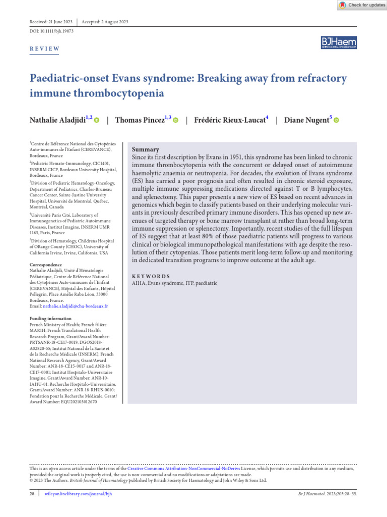 Evans BR J Haematol - 2023 - Aladjidi - Paediatriconset Evans Syndrome ...