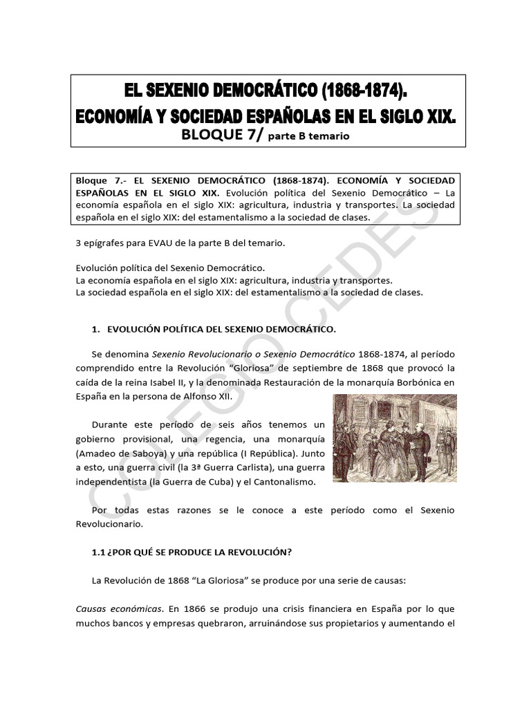 Tema 12 El Sexenio Democrático (1868-1874). Economía y sociedad en el siglo XIX. | PDF