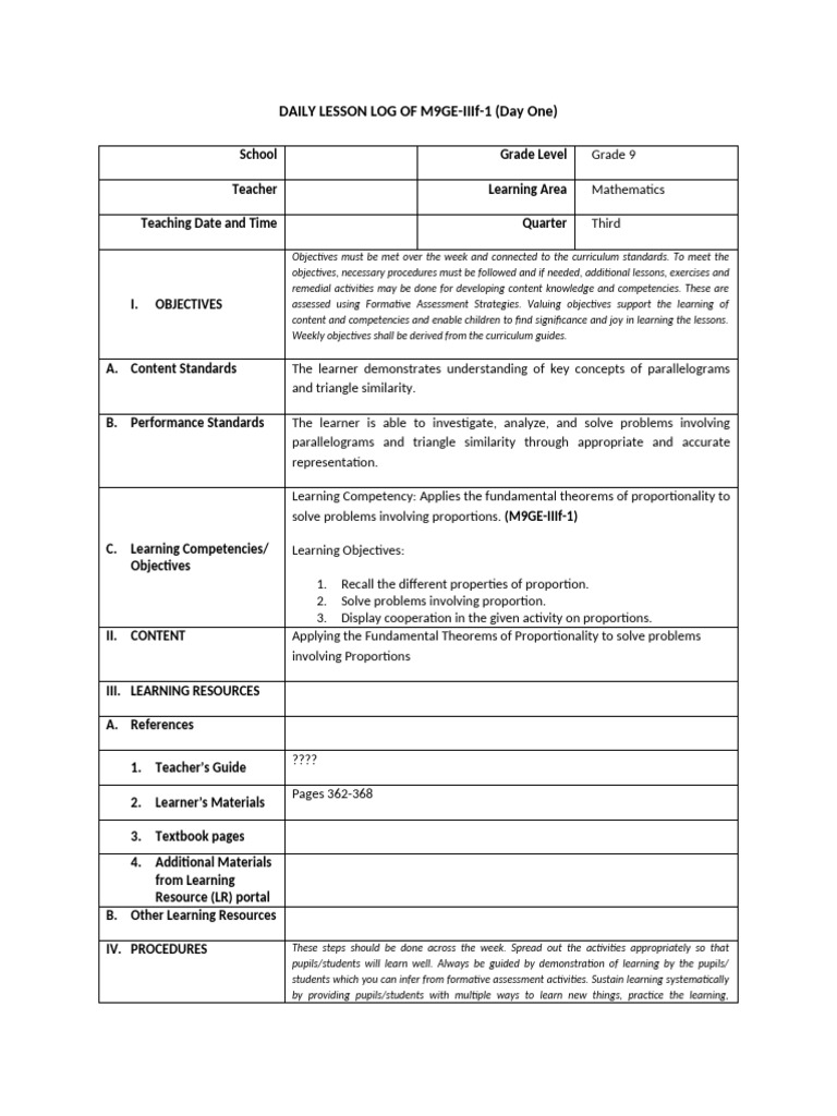 Grade 9 Math Lesson Plan on Proportions | PDF | Learning | Curriculum