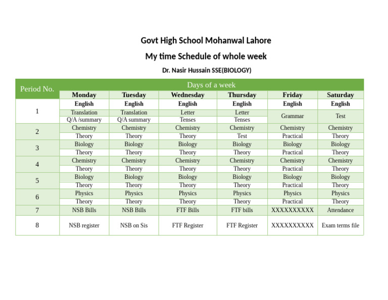Weekly Time Table | PDF