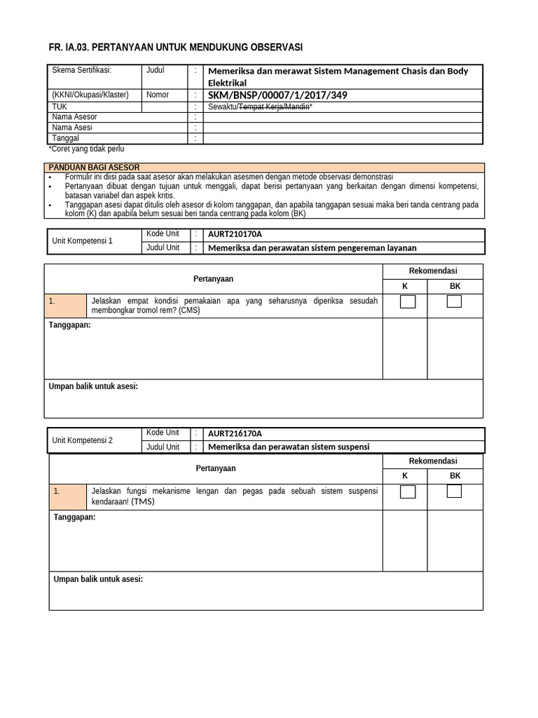 FR IA.03 - Pertanyaan Mendukung Observasi - PMO. | PDF