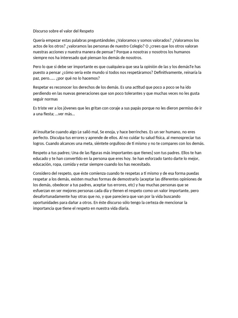 Discurso Sobre El Valor Del Respeto | PDF