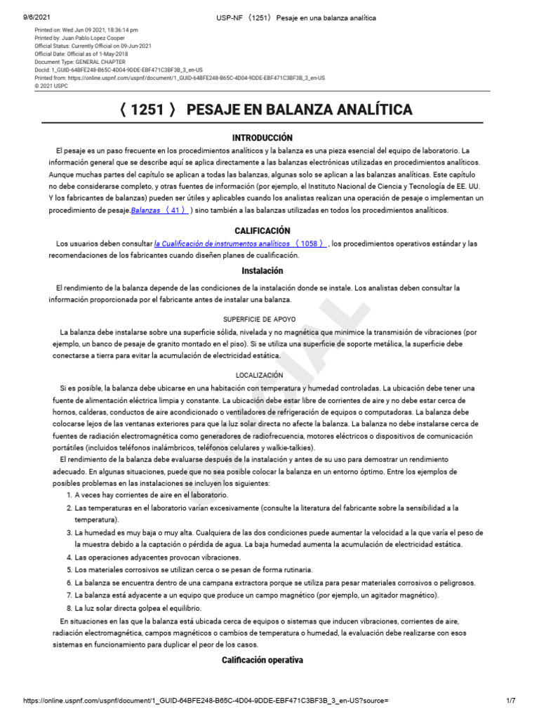 USP-NF 〈1251〉 Pesaje en una balanza analítica | PDF