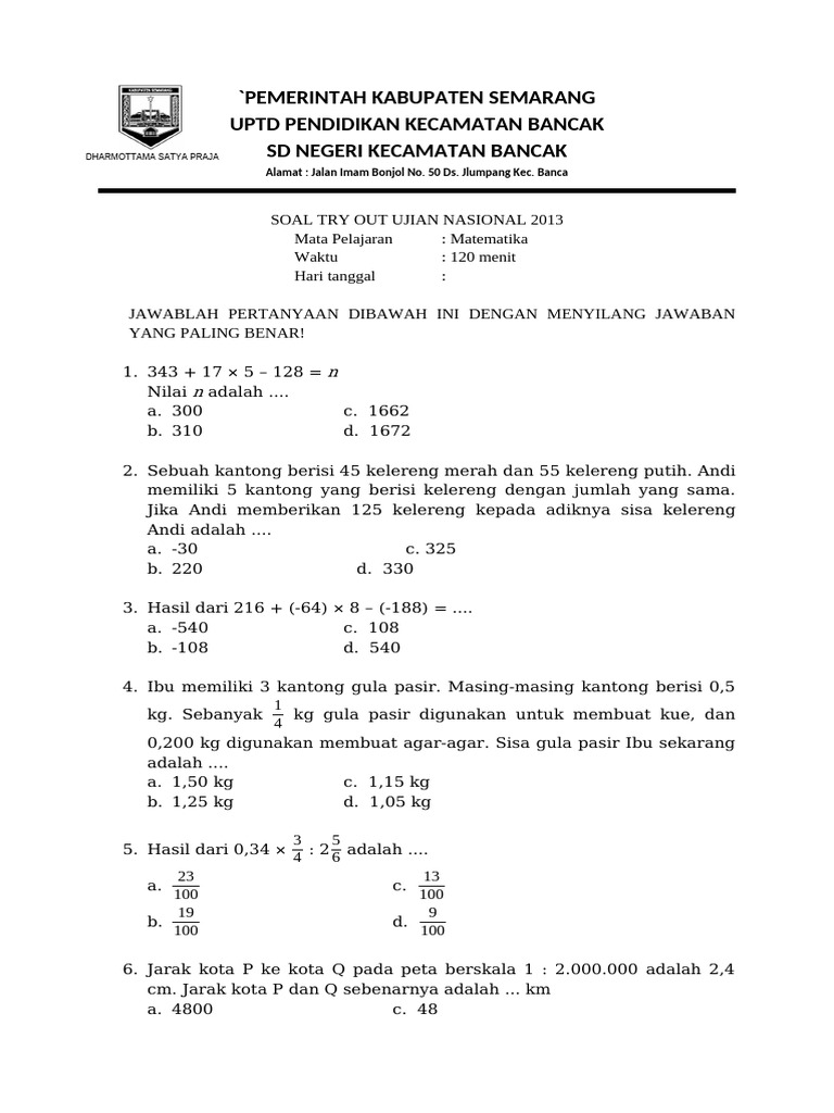 Latihan Soal US 2016 Matematika 1 | PDF