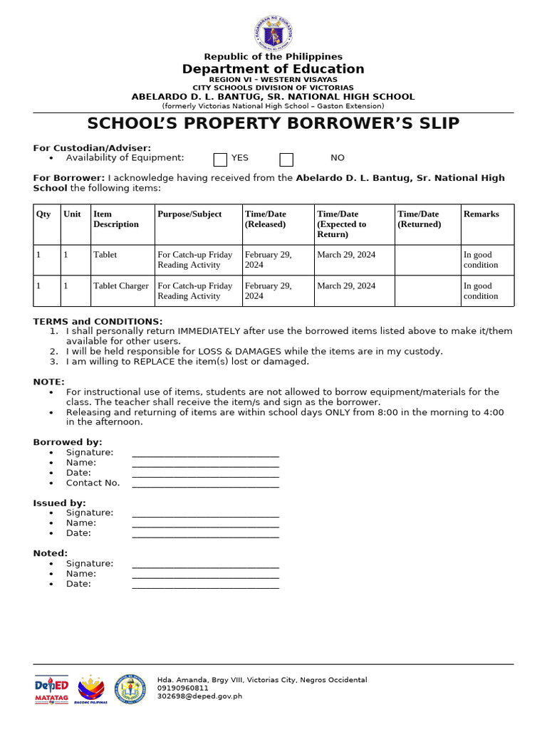 School's Property Borrower's Slip | PDF