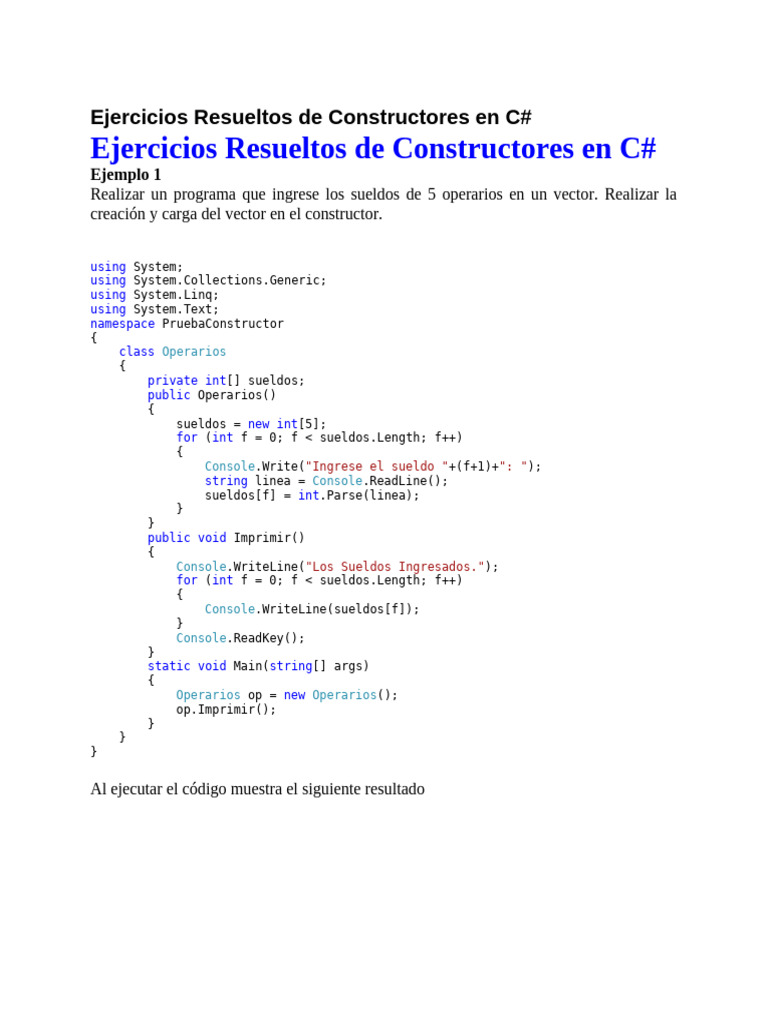 tlKdF-Ejercicios Resueltos de Constructores en C 2 | PDF | C Sharp (lenguaje de programación ...