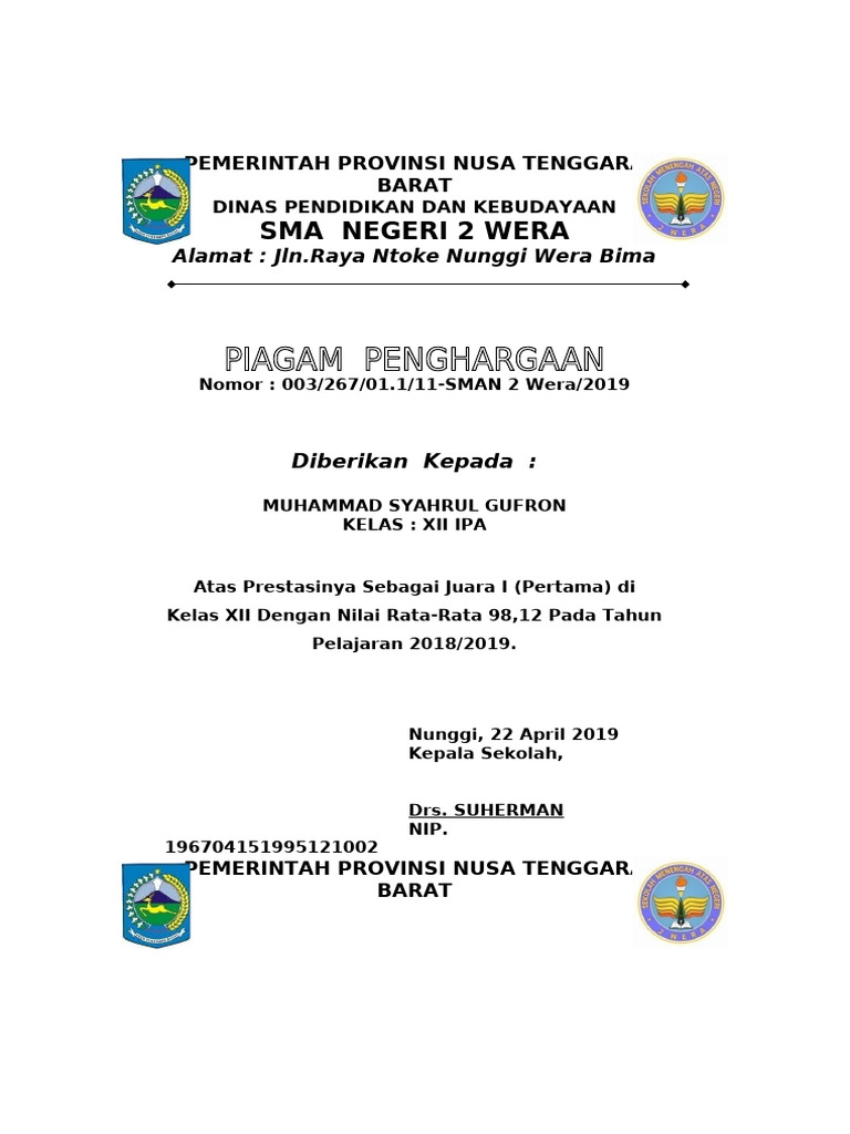 Piagam KLS Xi Mipa 20182019 | PDF