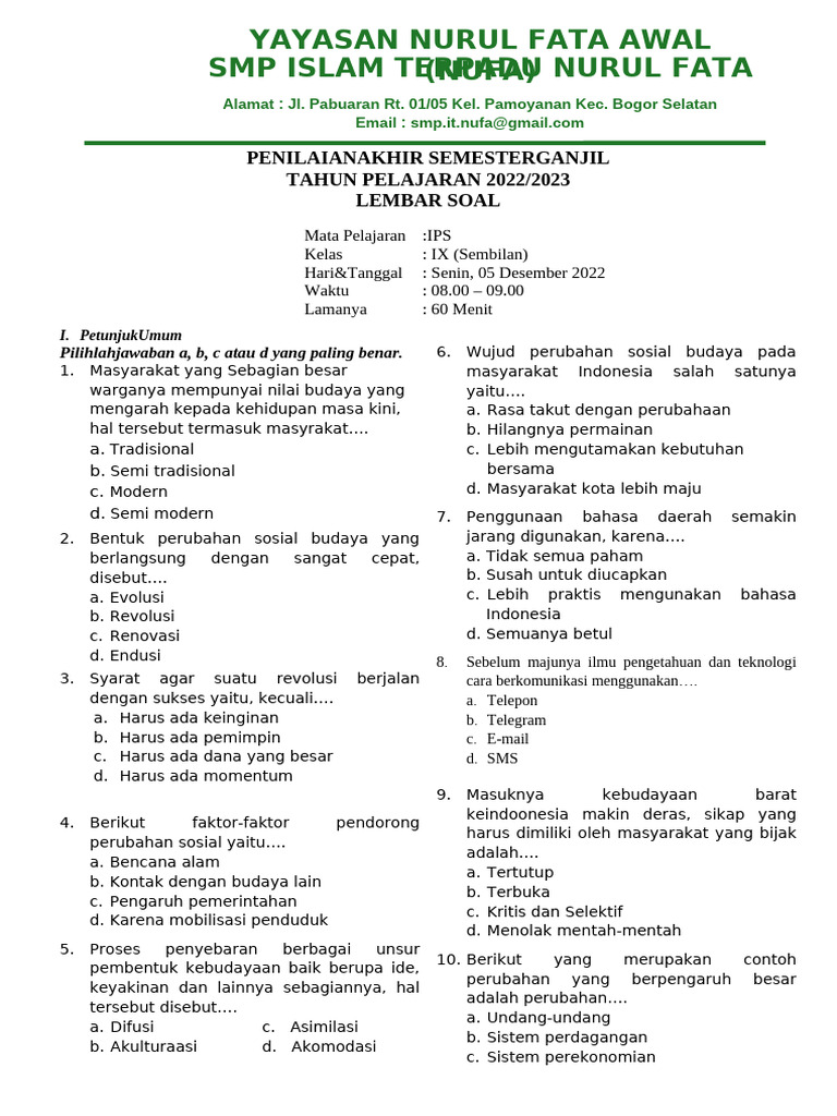 Soal Ips Pas Ganjil Kelas Ix 2022 | PDF