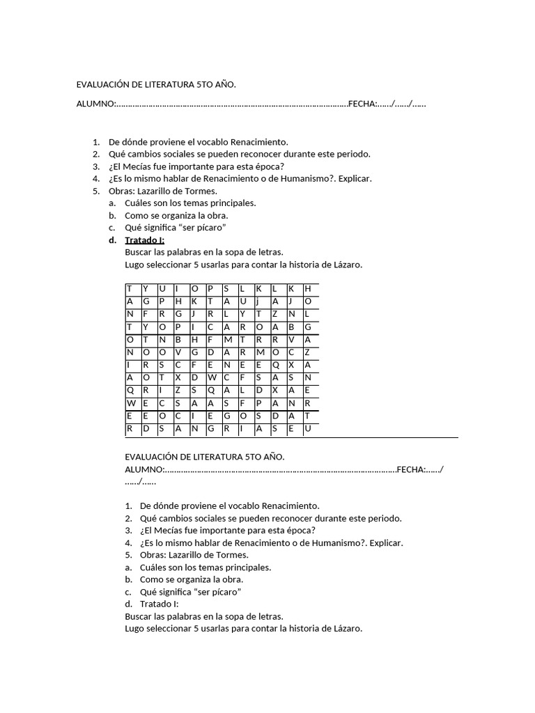 EVALUACIÓN DE LITERATURA 5TO AÑO | PDF