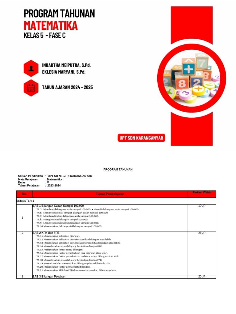 Prota Matematika Kelas 5 Ta20242025 | PDF