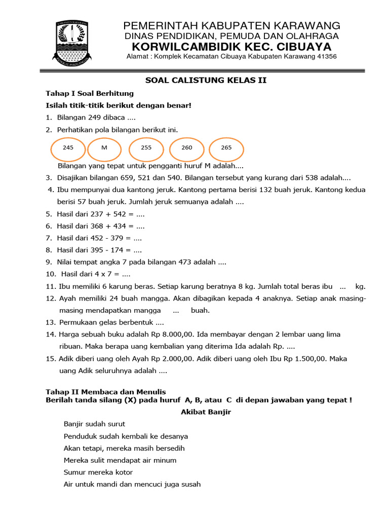 Kumpulan Soal Calistung Kelas II | PDF