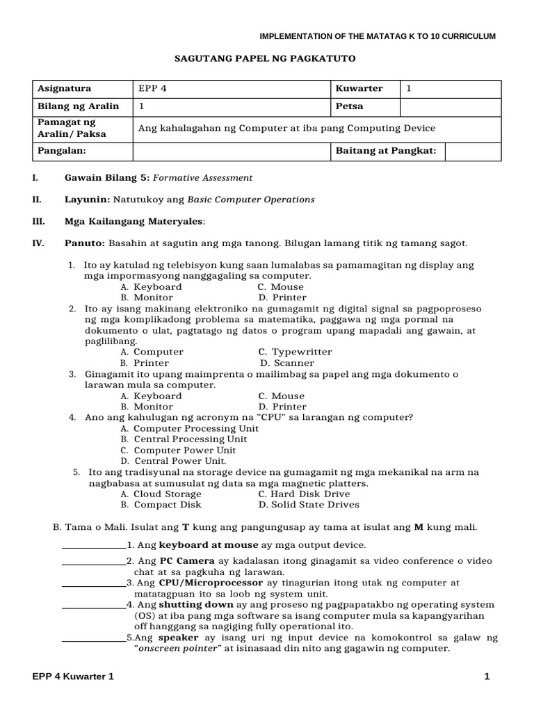 EPP 4 - ACTIVITY SHEET-Sept-6-2024 | PDF | Input/Output | Games ...