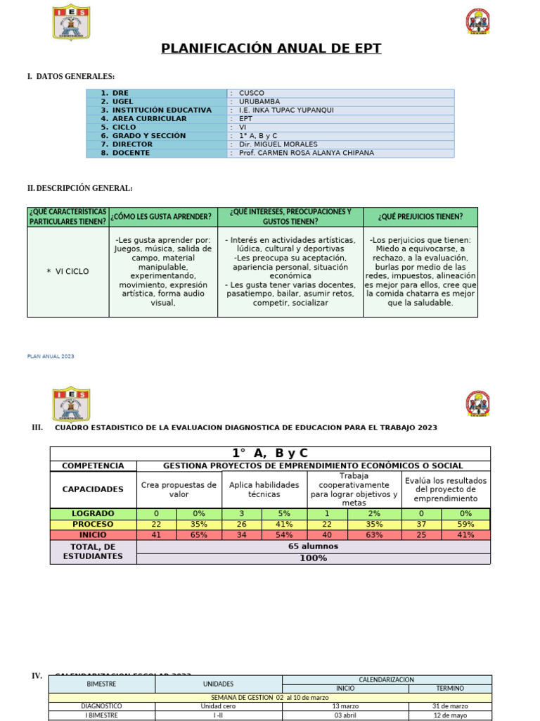 PLAN ANUAL DEL 2023 DE EPT 1° GRADO A, B y C | PDF