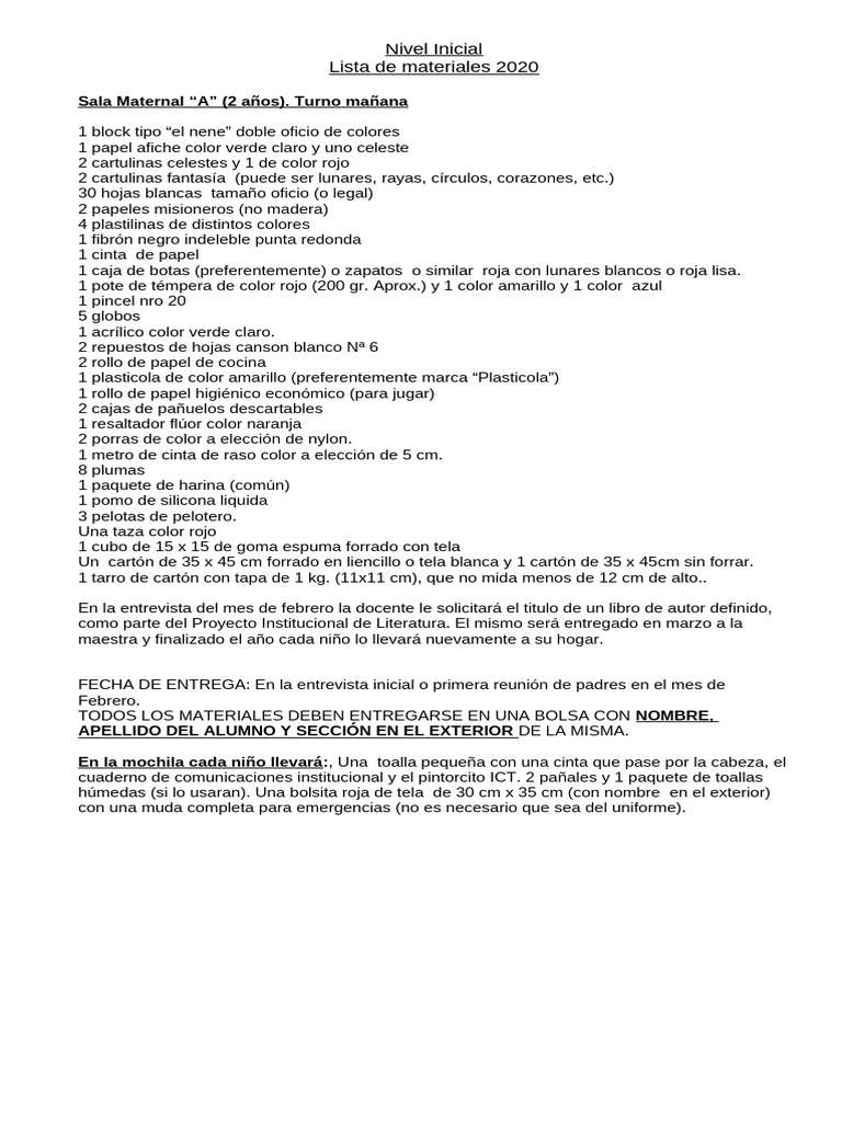 lista de materiales 2020 | PDF