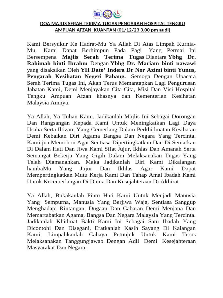 Doa Serah Terima Tugas DR Rahimah | PDF