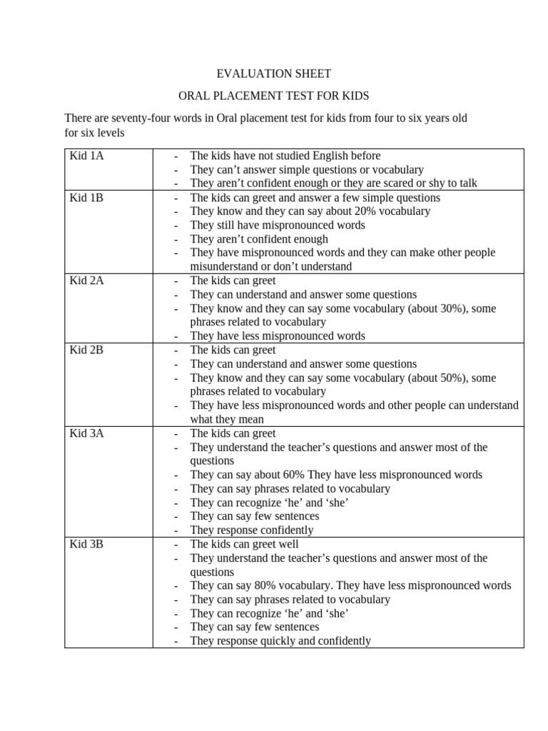 KIDS - Placement Test (Scales) | PDF