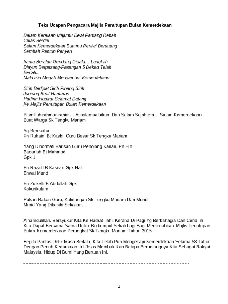 Teks Ucapan Pengacara Majlis Penutupan Bulan Kemerdekaan 2024 | PDF