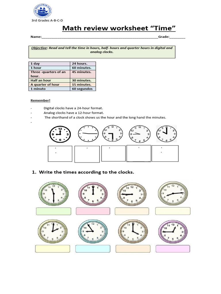 Clase 4 Telling Time Review Worksheet | PDF