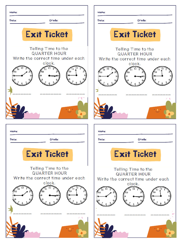Class 3 Telling Time Quarter Hours Exit Ticket | PDF | Games & Activities
