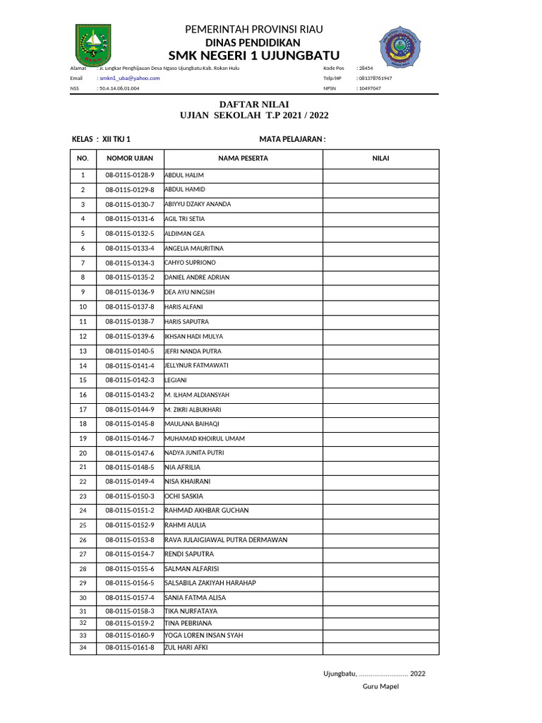Daftar Nilai Us 2022 | PDF