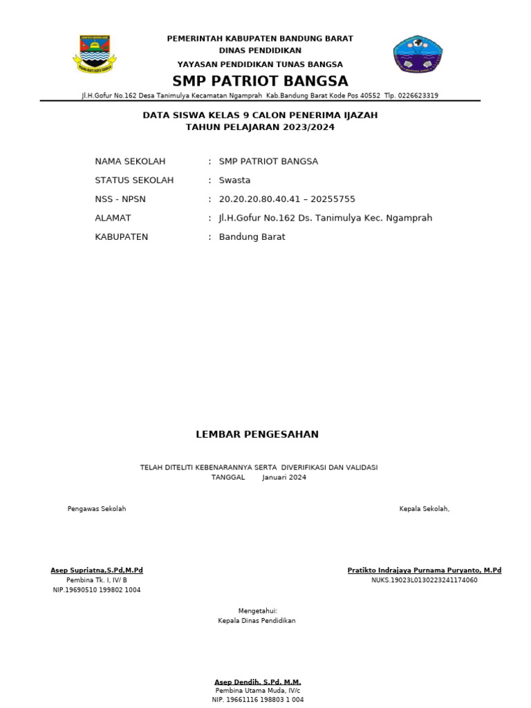 Data Siswa Kelas 9 Calon Penerima Ijazah 2023-2024 (Dscpi) SMP Patriot Fix | PDF