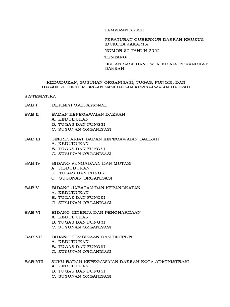 Lampiran Pergub DKI Nomor 57 Tahun 2022 SOTK Badan Kepegawaian Daerah | PDF