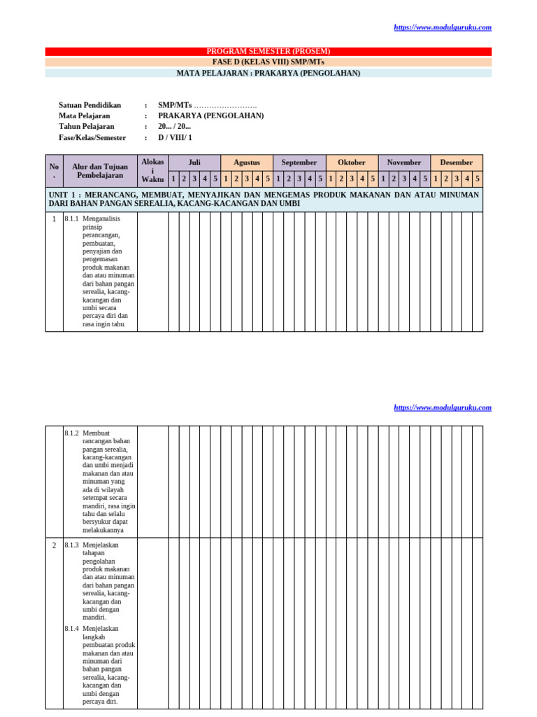 Prosem Fase D Kelas 8 SMP Prakarya (Pengolahan) | PDF