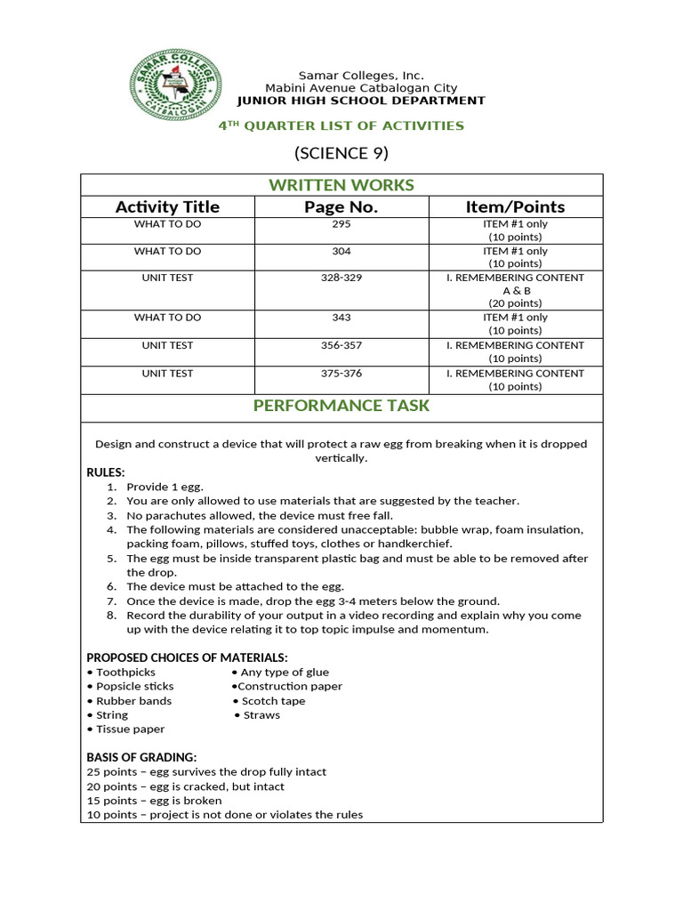 4TH QUARTER SCIENCE 9 List of Activities | PDF