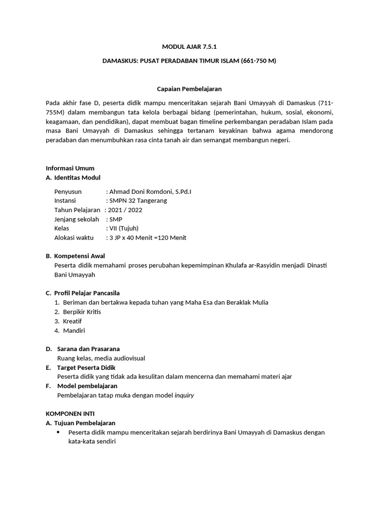 Damaskus Pusat Peradaban Timur Islam 661 750 M | PDF