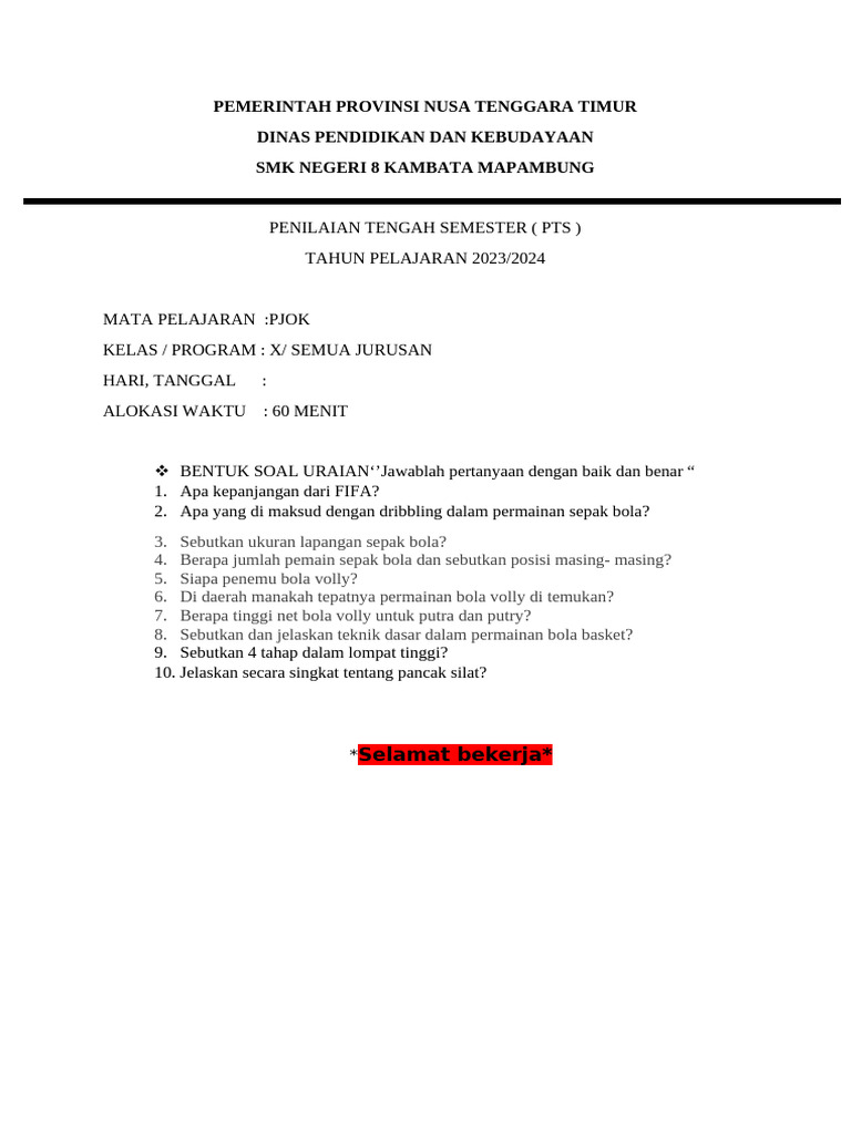 Soal Pts Pjok Kelas X | PDF