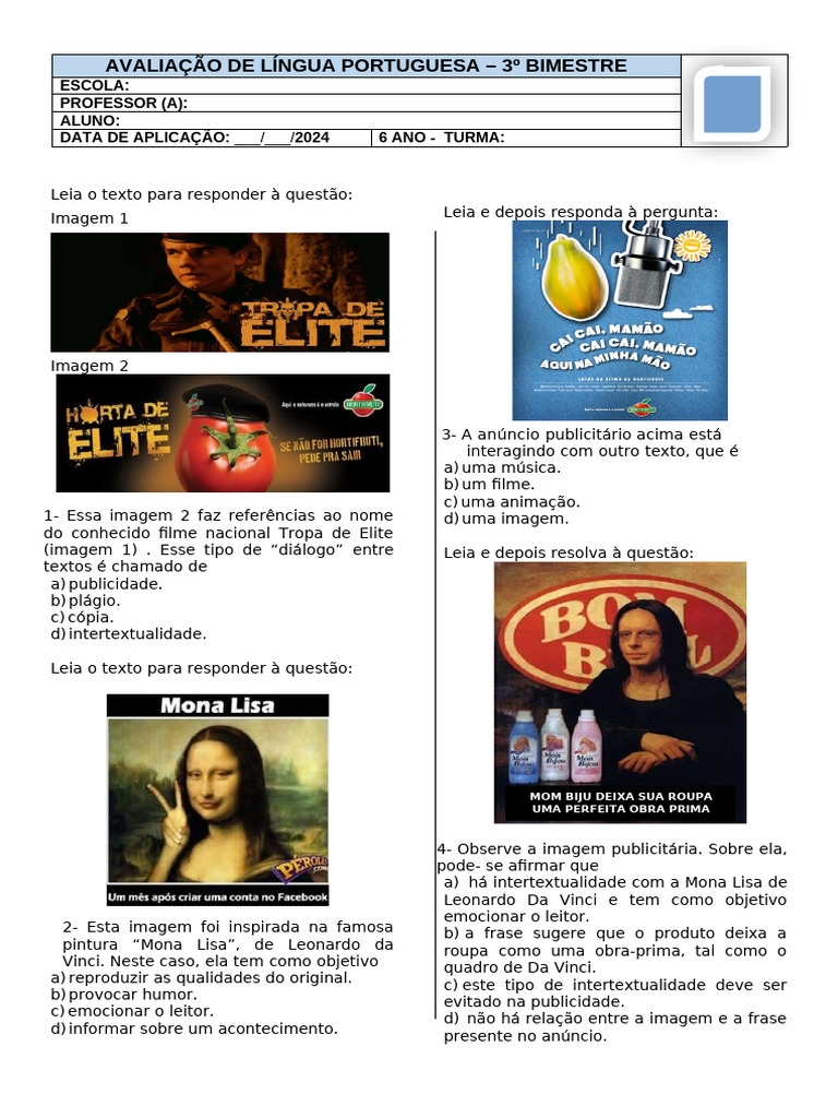 Atividade Intertextualidade 2024 | PDF