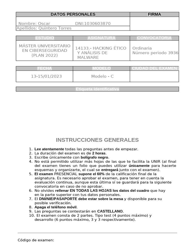 Hacking Etico y Analisis de Malware - Modelo C - 2023 | PDF