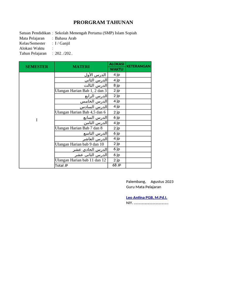 Prosem Bahasa Arab Sms 1 SMP | PDF