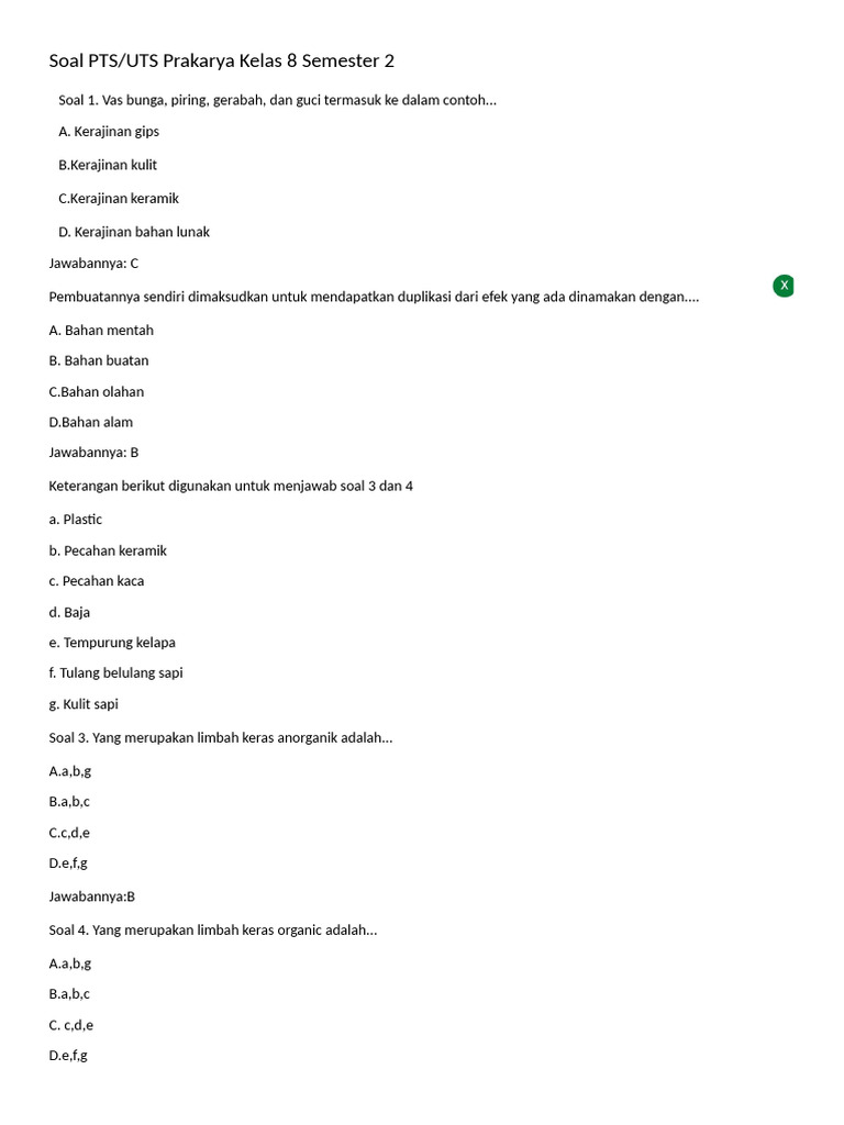 Soal PTS/UTS Prakarya Kelas 8 Semester 2 | PDF