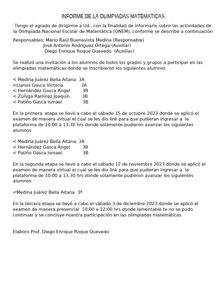 INFORME DE LA OLIMPIADAS MATEMATICAS | PDF
