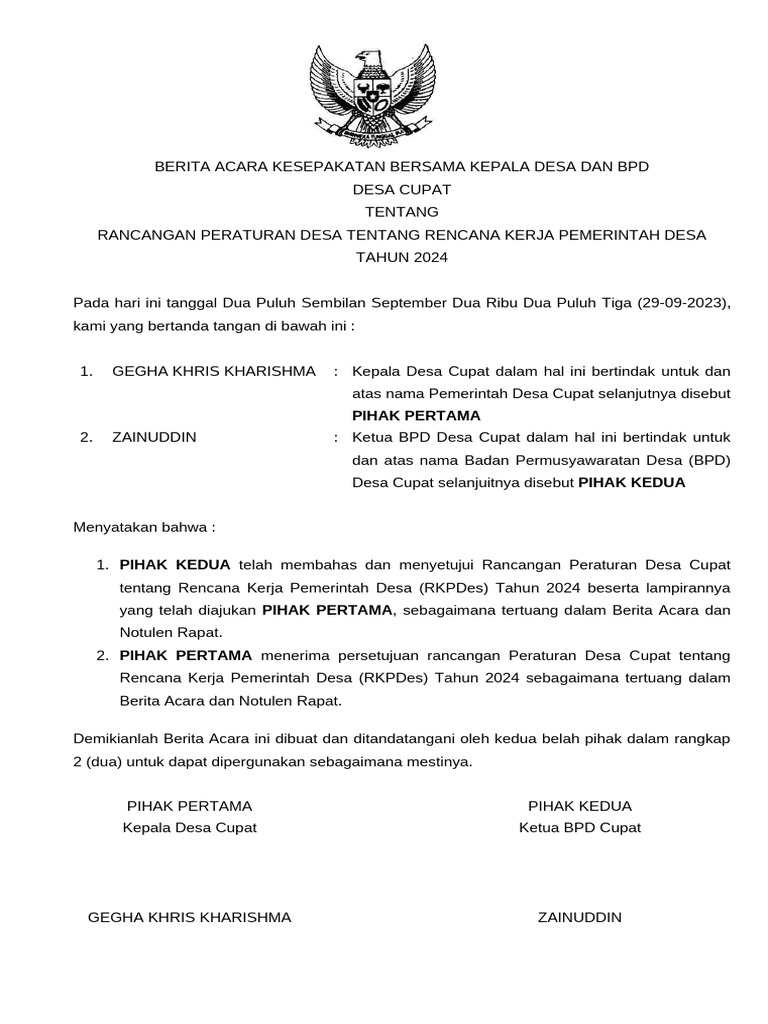 Berita Acara Kesepakatan Bersama Kepala Desa Dan BPD | PDF